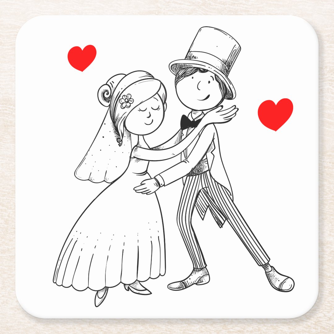 Cartoon Bride & Groom Dancing Wedding Just Married Square Paper Coaster ...