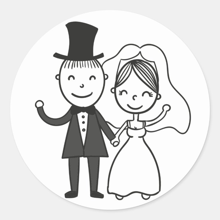 Cartoon Bride & Groom Just Married Wedding Classic Round Sticker | Zazzle