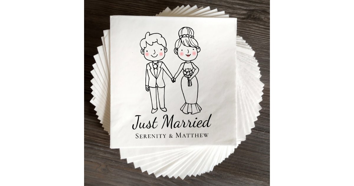 Cartoon Bride Groom Just Married Wedding Napkins | Zazzle