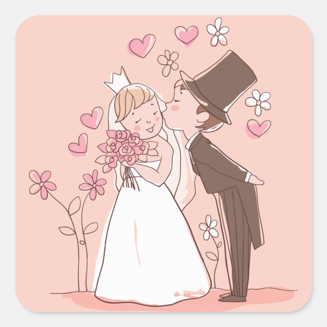 Cartoon Bride & Groom Pink Wedding Sticker | Zazzle