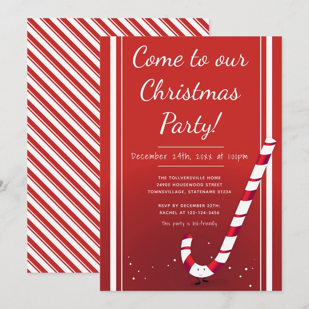 Cartoon Candy Cane | Christmas Party Invitation | Zazzle