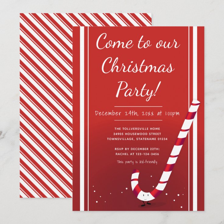 Cartoon Candy Cane | Christmas Party Invitation | Zazzle