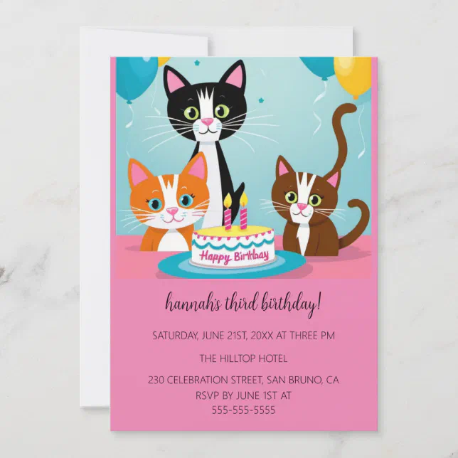 Cartoon Cats Kids’ Purr-fect Birthday Party Invitation | Zazzle