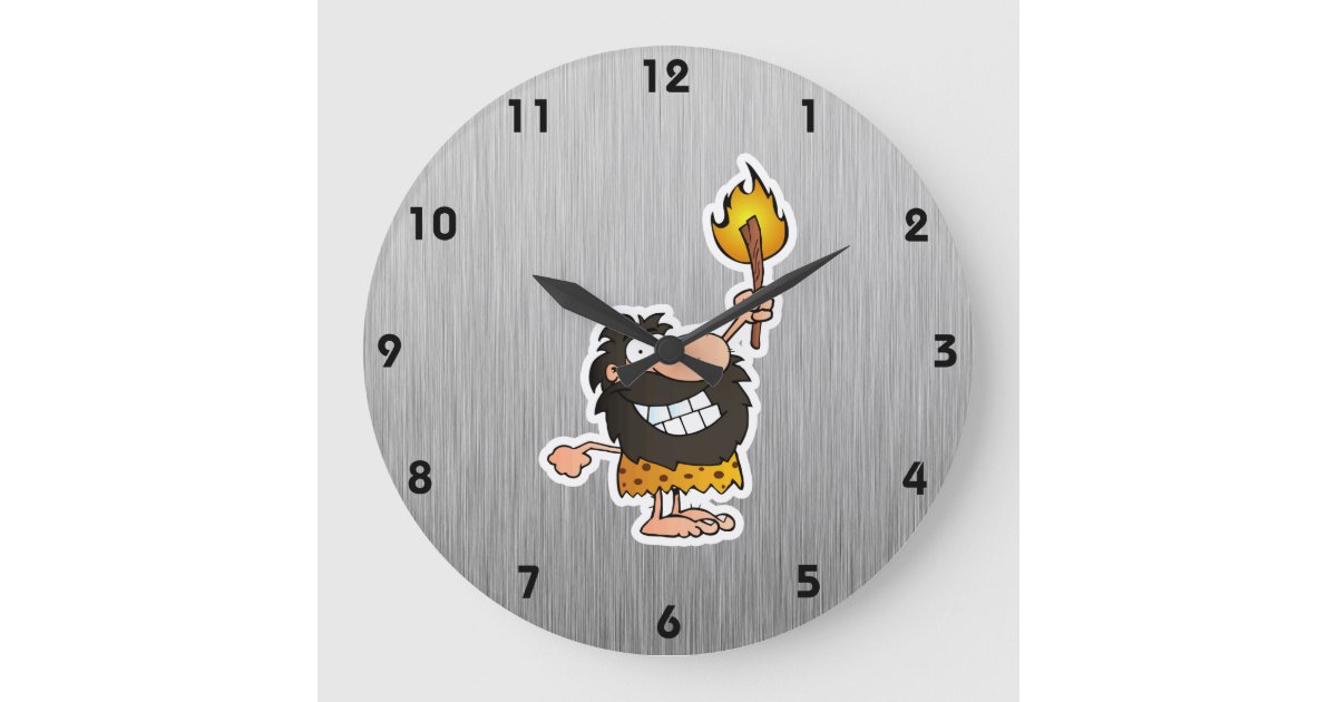 Cartoon Caveman; Metal-look Large Clock | Zazzle
