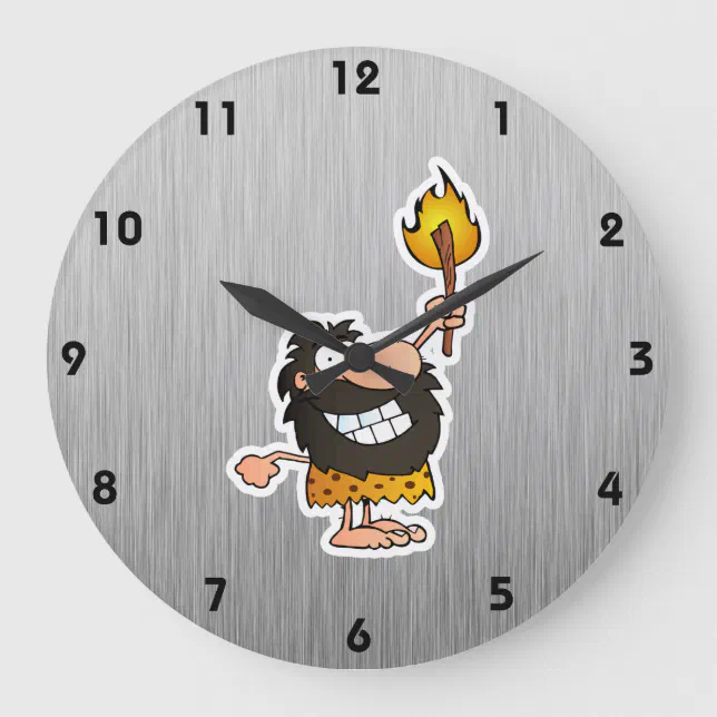 Cartoon Caveman; Metal-look Large Clock | Zazzle