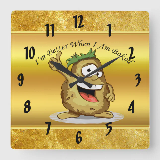 Cartoon character potato with green hair square wall clock | Zazzle