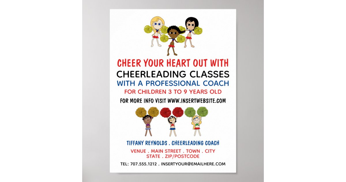 Cartoon Cheerleader Design, Cheerleading Classes Poster | Zazzle