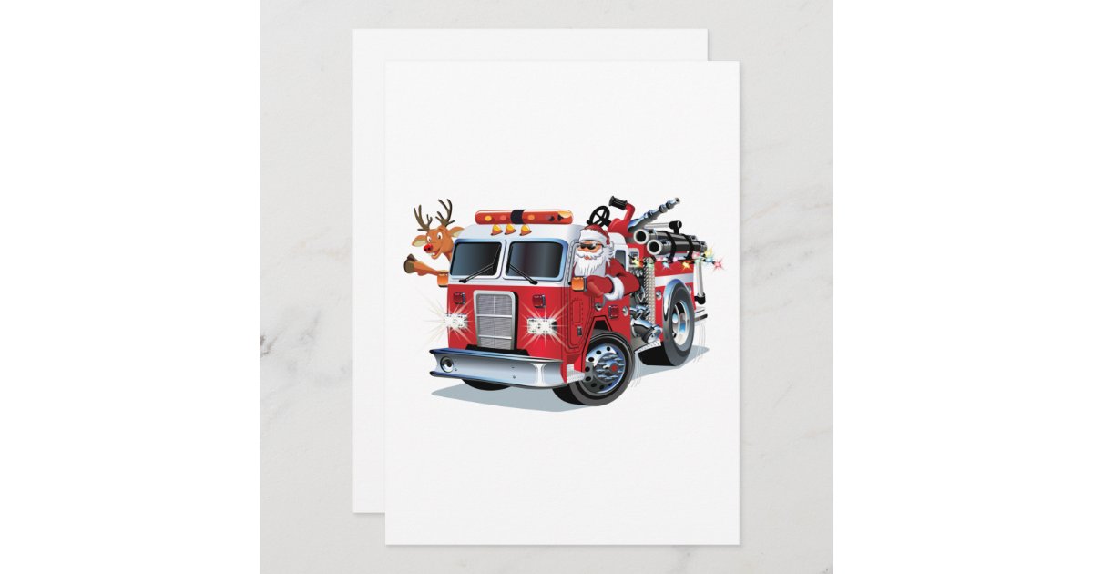 Cartoon Christmas firetruck Holiday Card | Zazzle
