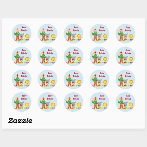 Cartoon Circus Clown and Animals Birthday Stickers | Zazzle