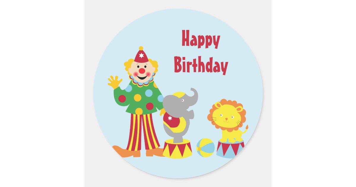 Cartoon Circus Clown and Animals Birthday Stickers | Zazzle