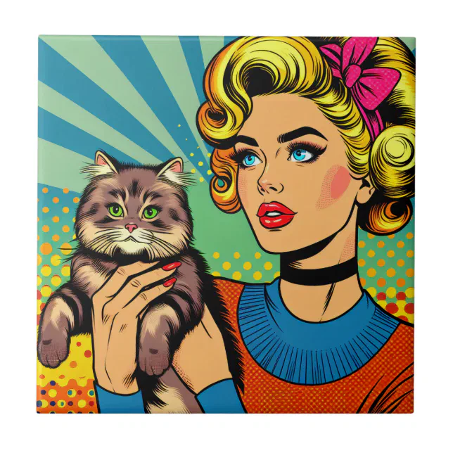 Cartoon Comic Pop Art Women Holding Cat Ceramic Tile | Zazzle