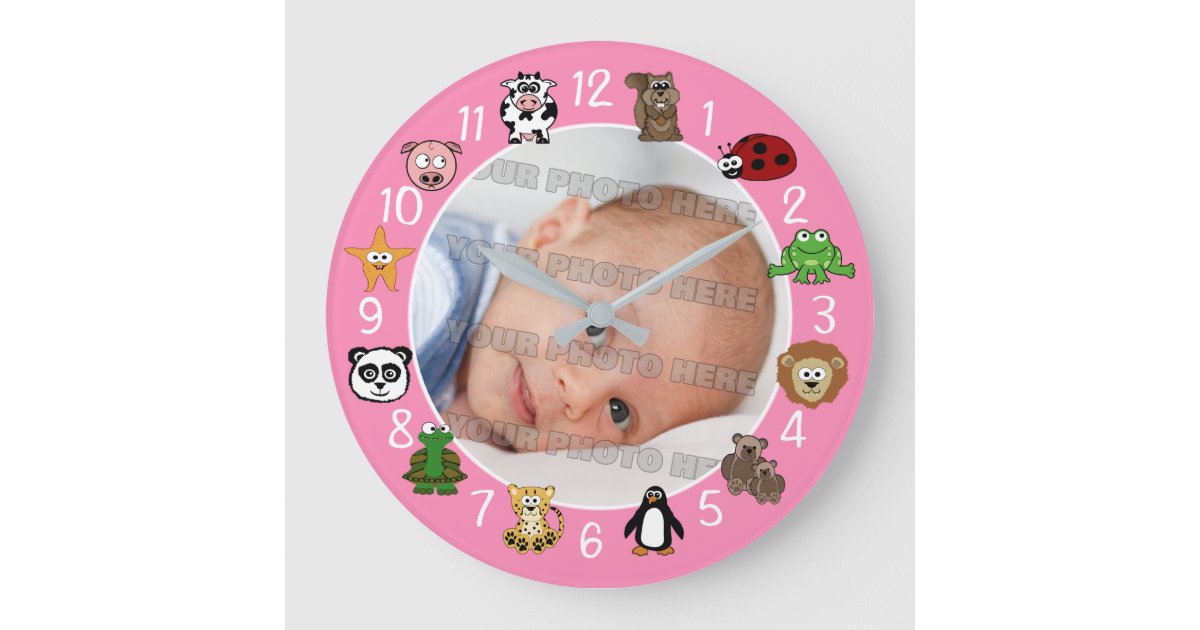 Cartoon Critters Kids and Babies Custom Pink Large Clock | Zazzle