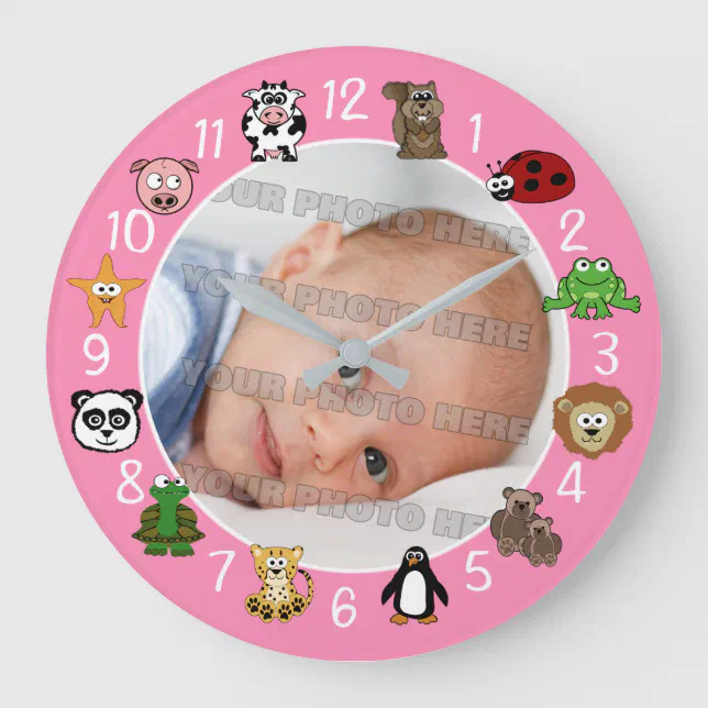Cartoon Critters Kids and Babies Custom Pink Large Clock | Zazzle