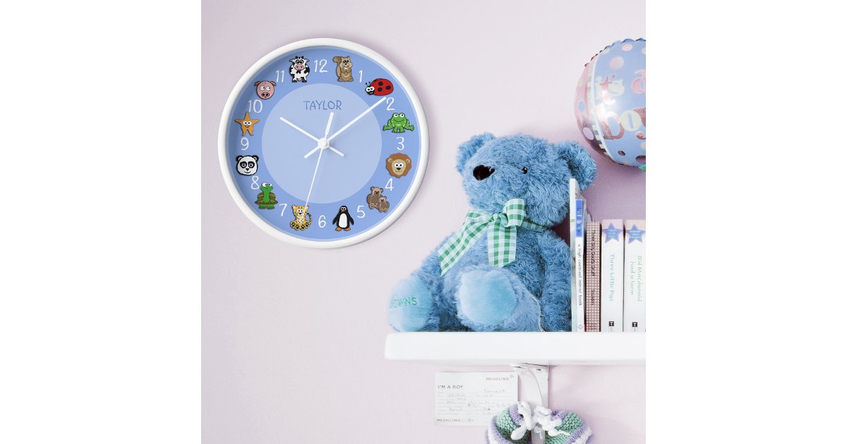 Cartoon Critters w/ Name Template Blue Clock | Zazzle