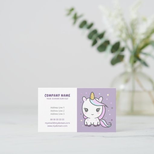 Cartoon Cute Unicorn Purple Business Card | Zazzle