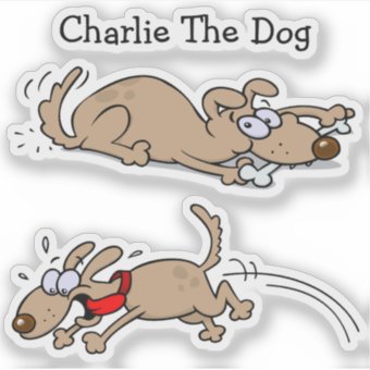 Cartoon Dog Chewing On Bone And Jumping With Name Sticker | Zazzle