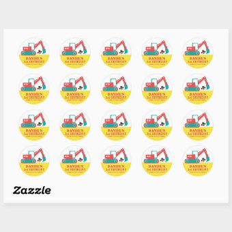 Cartoon Excavator Children Birthday Party Stickers | Zazzle