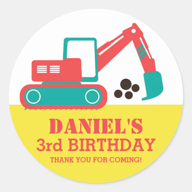 Cartoon Excavator Children Birthday Party Stickers | Zazzle
