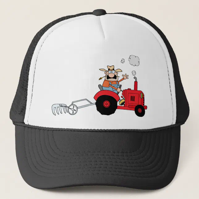 Cartoon Farmer Driving A Red Tractor Trucker Hat | Zazzle