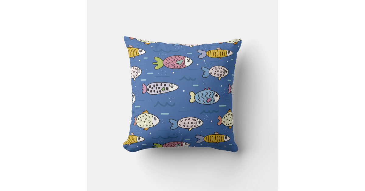 Cartoon Fish Pattern blue multicolor sea Throw Pillow | Zazzle