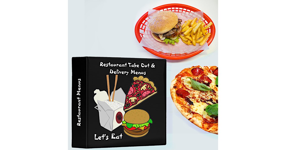 Cartoon Foods Black Take out Menu Binder | Zazzle