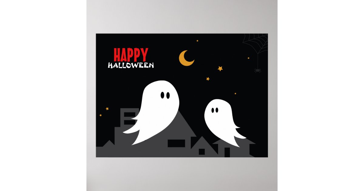 Cartoon ghost in town streets halloween night poster | Zazzle