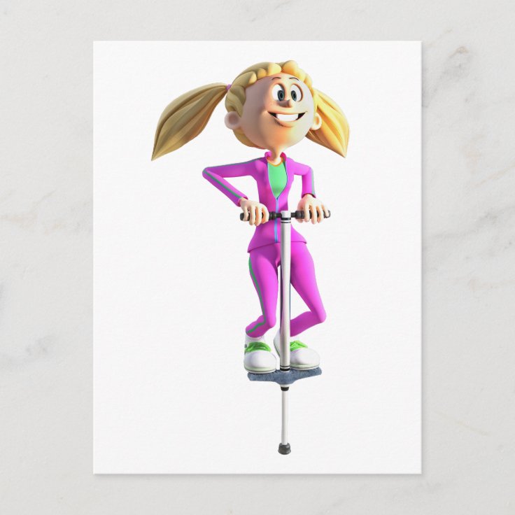 Cartoon Girl on a Pogo Stick Postcard | Zazzle