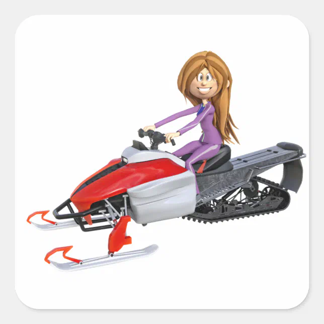 Cartoon Girl on a Snowmobile Square Sticker | Zazzle