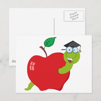 Cartoon Graduate Worm In Apple Announcement Postcard | Zazzle