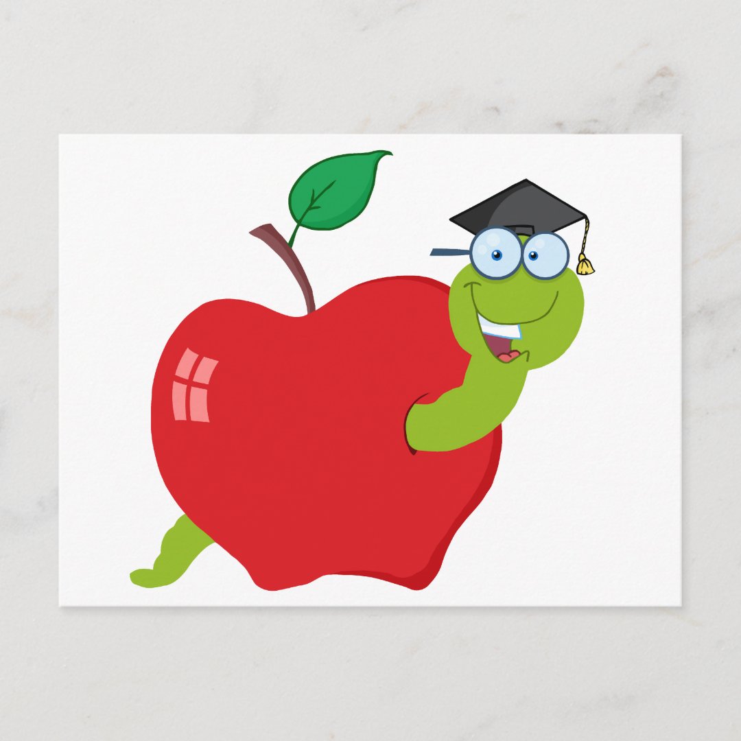 Cartoon Graduate Worm In Apple Announcement Postcard | Zazzle