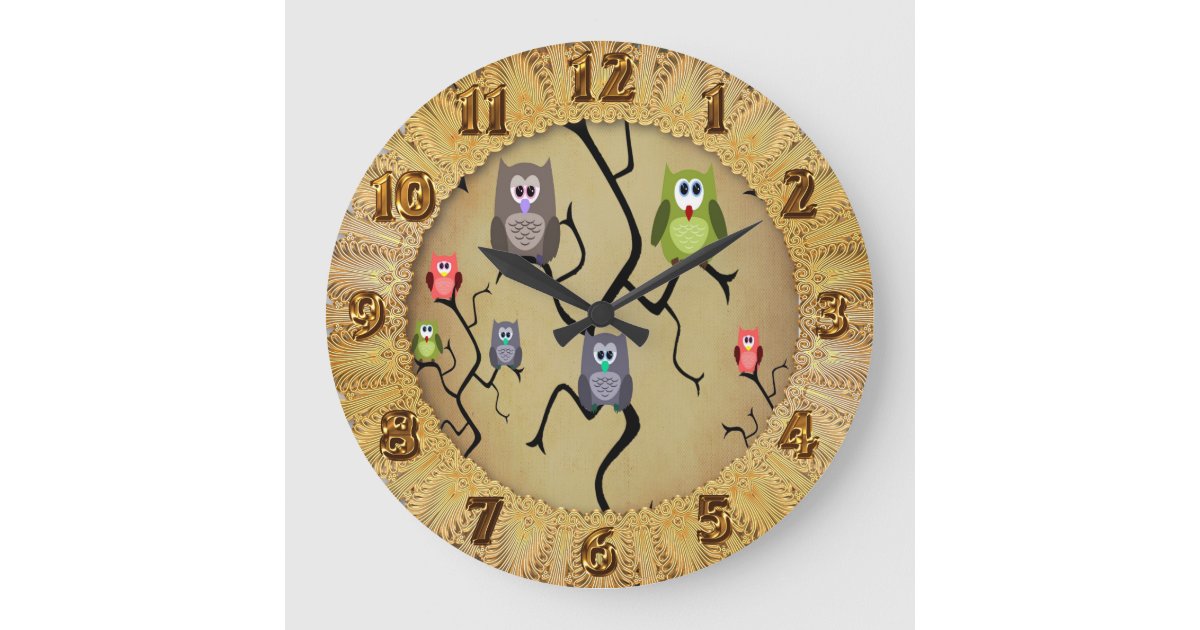 Cartoon Great Horned Owls Large Clock | Zazzle