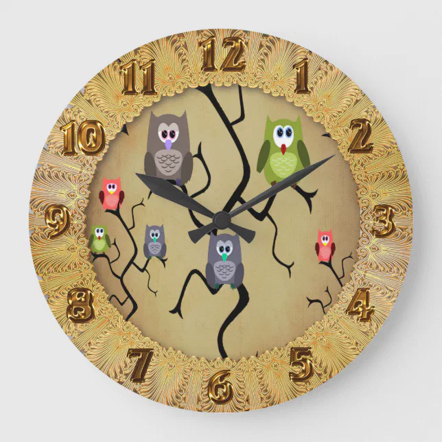 Cartoon Great Horned Owls Large Clock | Zazzle