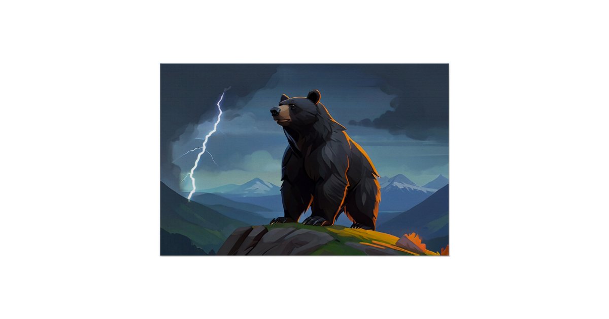 Cartoon Grizzly Bear & Lightning Poster | Zazzle