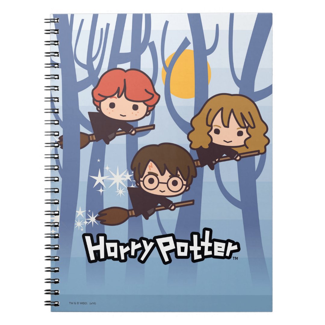 Cartoon Harry, Ron, & Hermione Flying In Woods Notebook | Zazzle