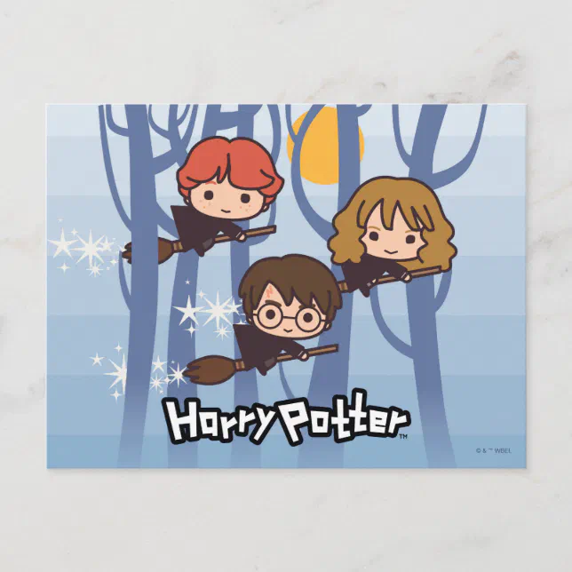 Cartoon Harry, Ron, & Hermione Flying In Woods Postcard | Zazzle