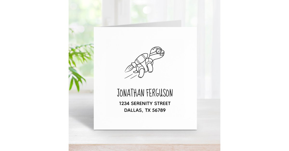 Cartoon Jetpack Turtle Address Rubber Stamp | Zazzle