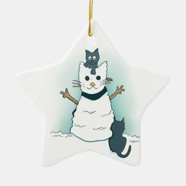 Cartoon Kittens Making a Christmas Snow Cat Ceramic Ornament | Zazzle