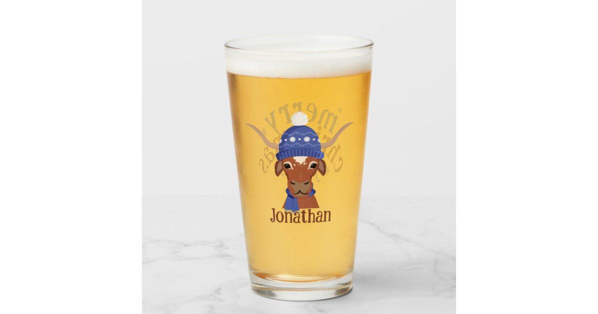 Cartoon Longhorn in Periwinkle Ski Cap and Scarf Glass | Zazzle