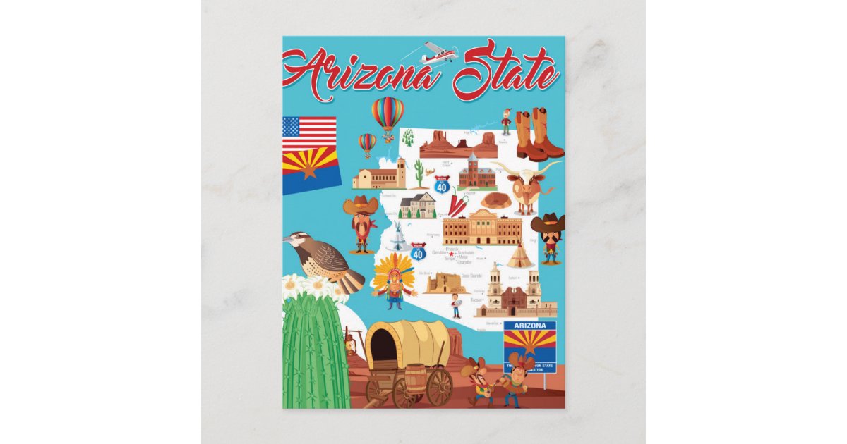 Cartoon Map of Arizona Postcard | Zazzle