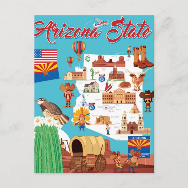 Cartoon Map of Arizona Postcard | Zazzle