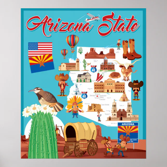 Cartoon Map of Arizona Poster | Zazzle