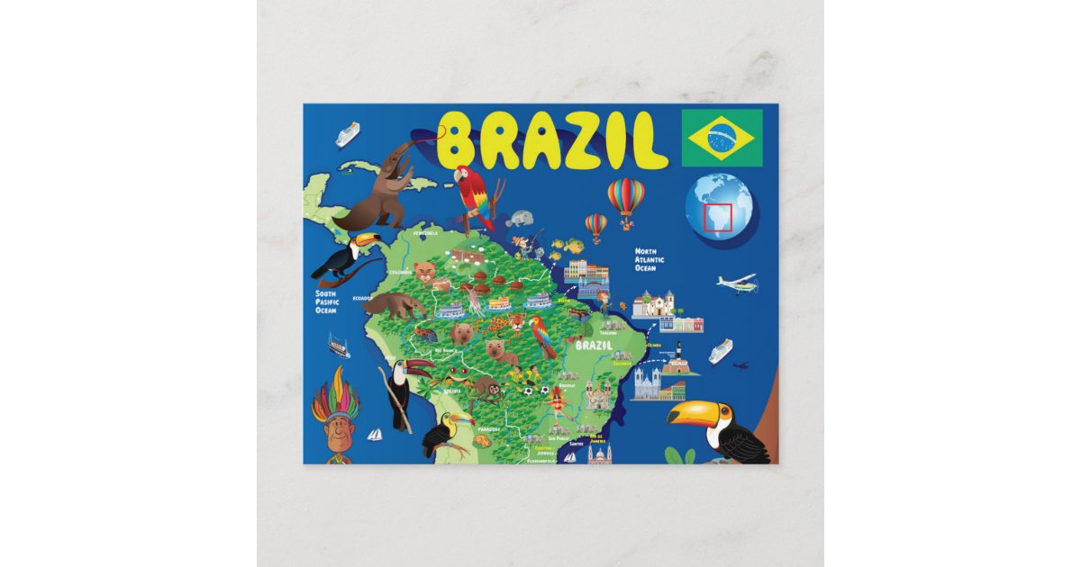 Cartoon Map of Brazil Postcard | Zazzle