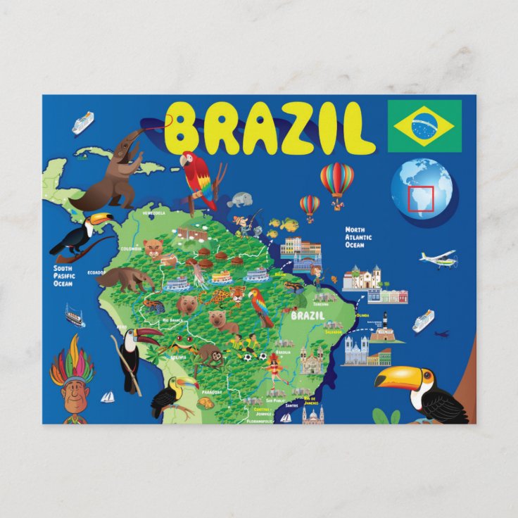 Cartoon Map of Brazil Postcard | Zazzle