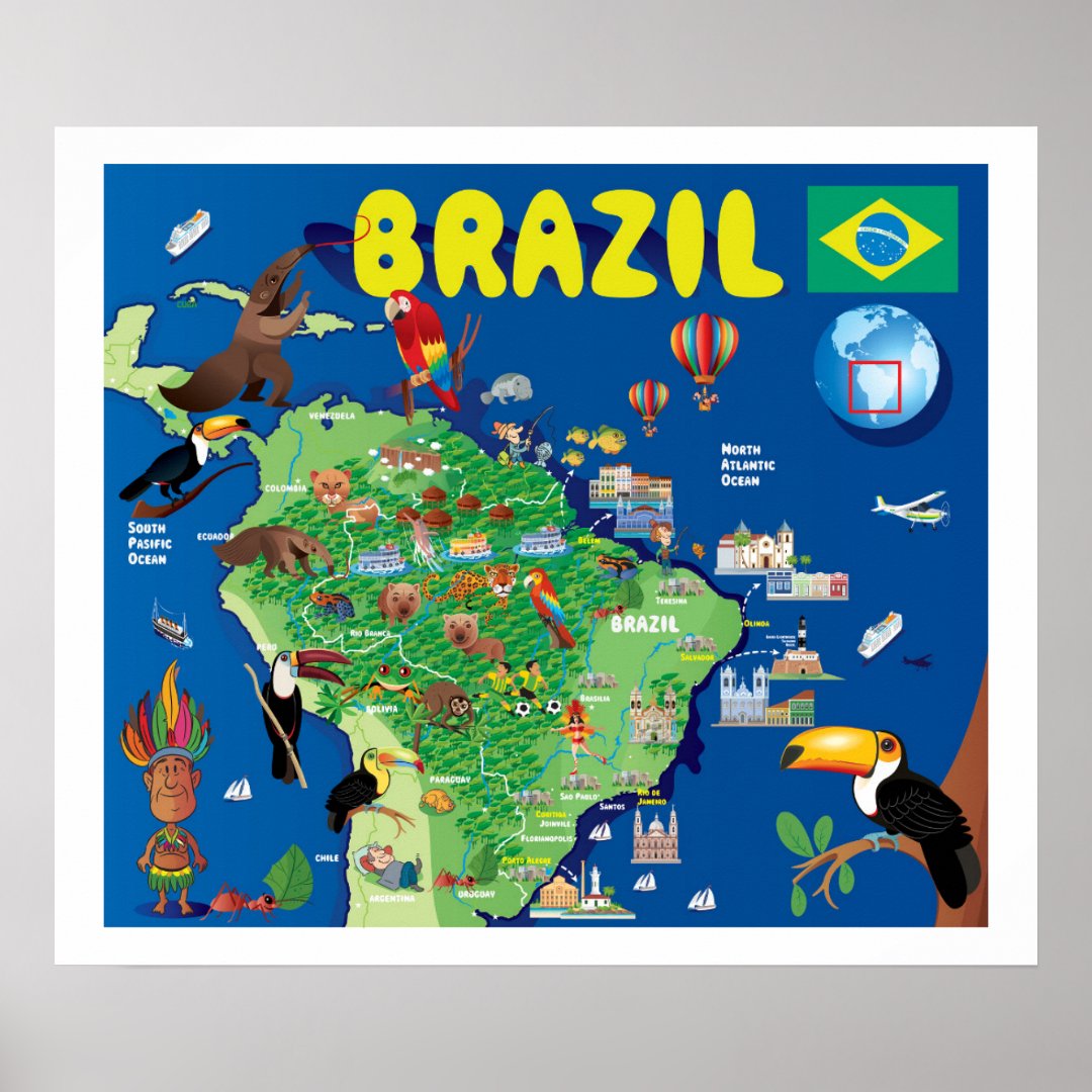 Cartoon Map of Brazil Poster | Zazzle