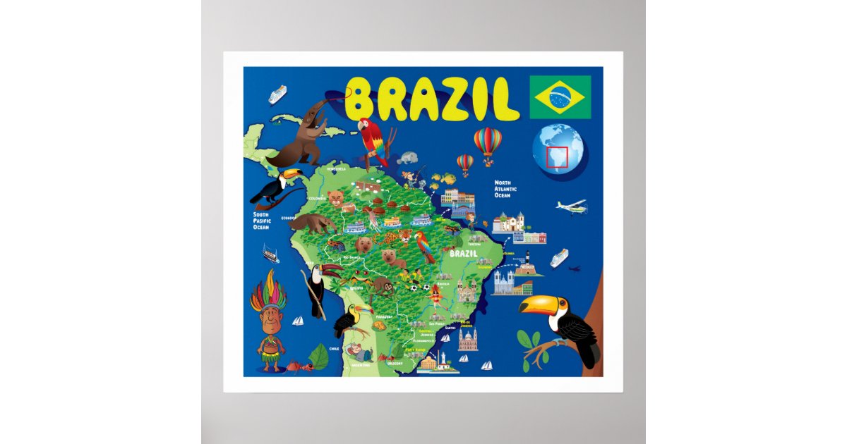 Cartoon Map of Brazil Poster | Zazzle