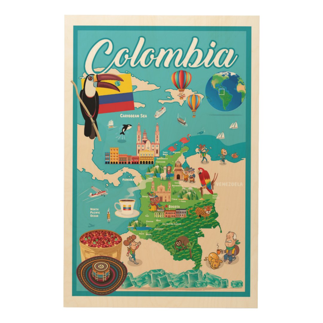 Cartoon Map of Colombia Wood Wall Art | Zazzle