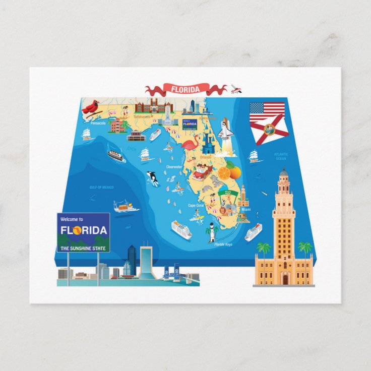 Cartoon Map of Florida Postcard | Zazzle