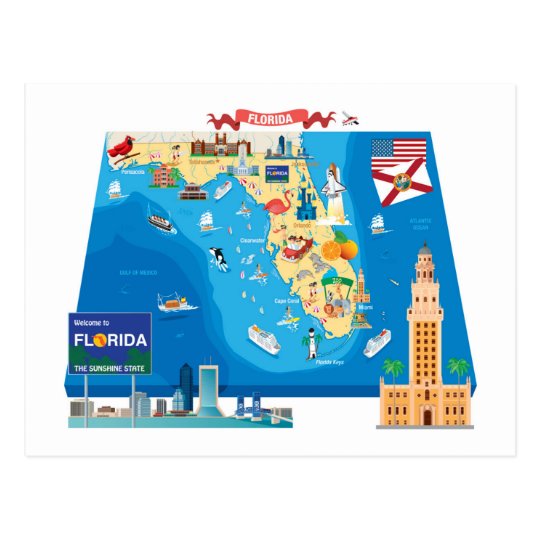 Cartoon Map of Florida Postcard | Zazzle.com