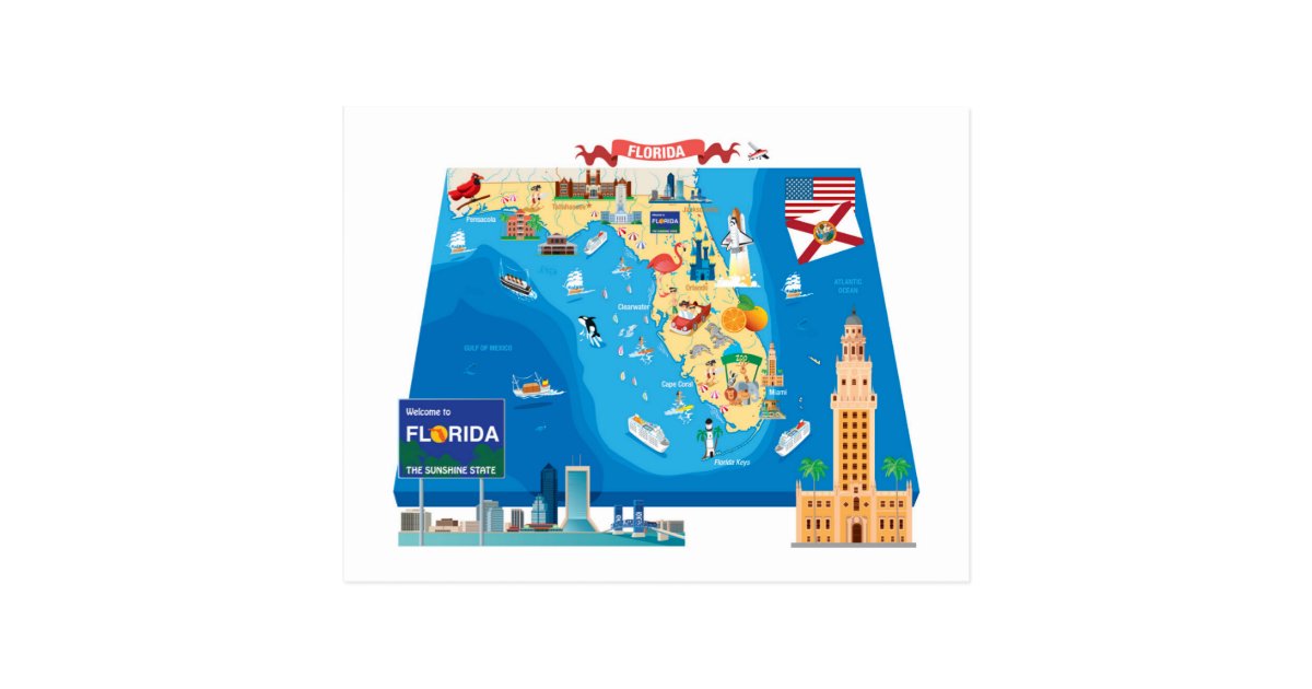 Cartoon Map of Florida Postcard | Zazzle.com