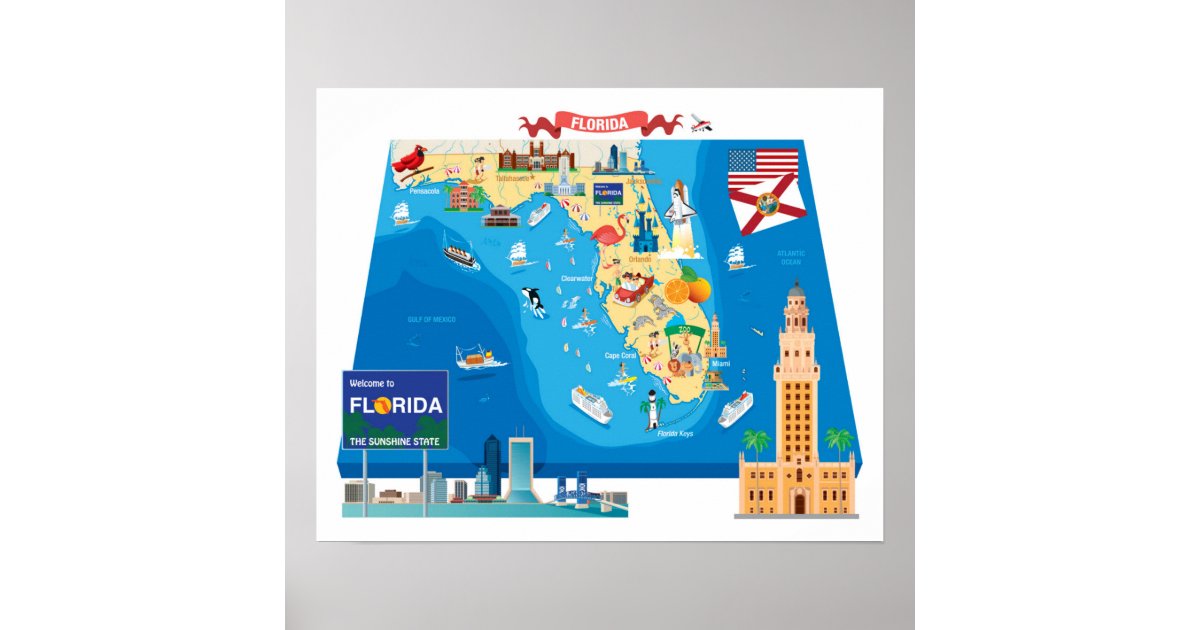 Cartoon Map of Florida Poster | Zazzle